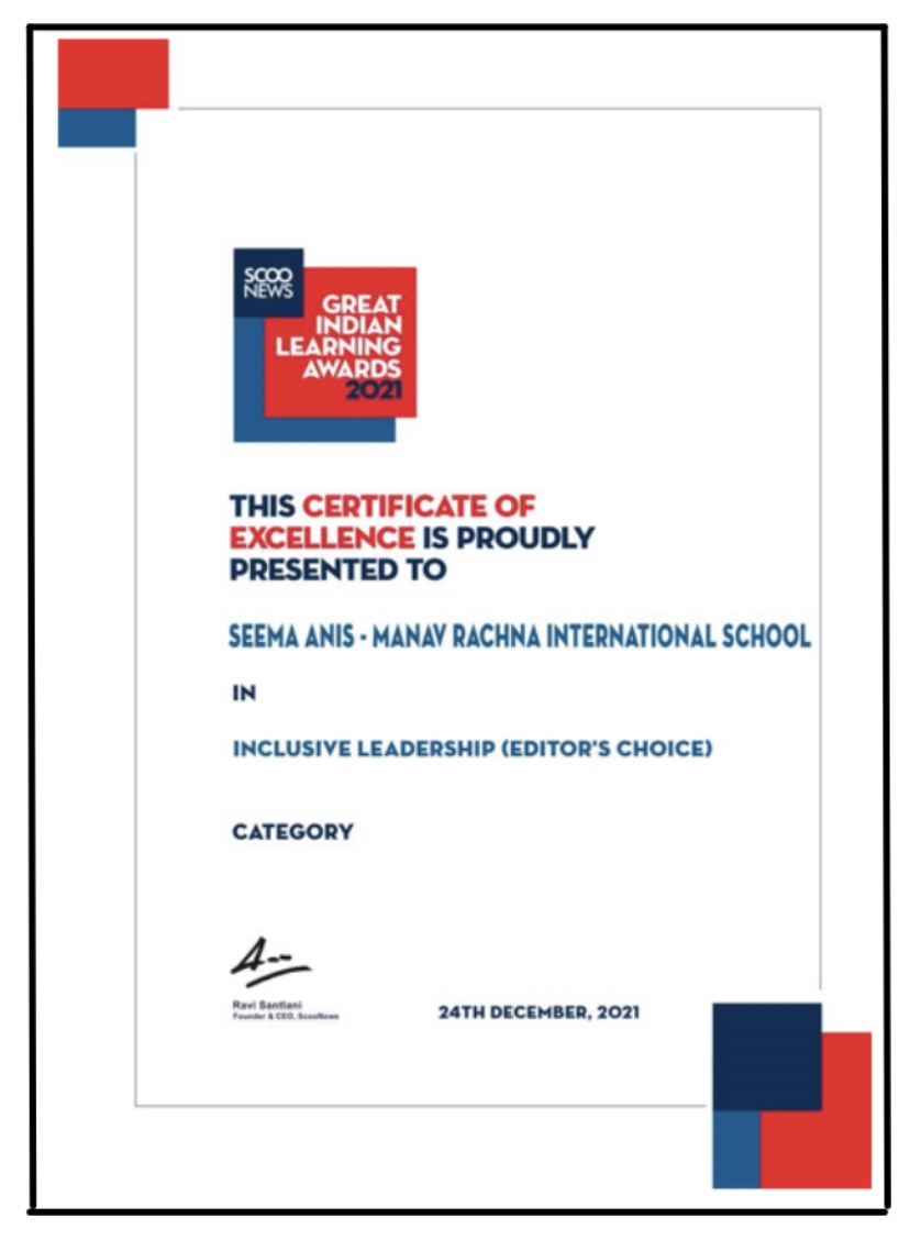 Great Indian Learning Award 2021 for Inclusive Leadership (Awarded to ...
